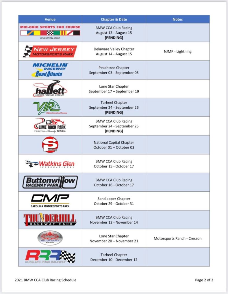 Tire Rack Club Racing Series Posts 2021 Schedule - BimmerLife